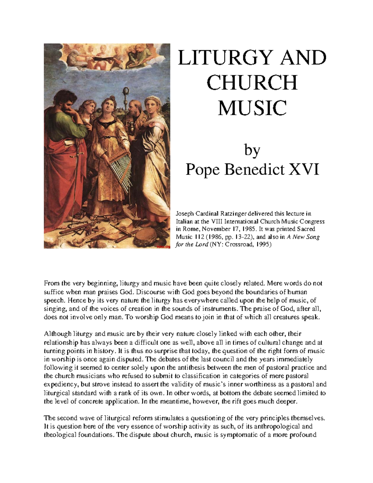 Liturgy&music - Lecture notes 1-7 - LITURGY AND CHURCH MUSIC by Pope ...