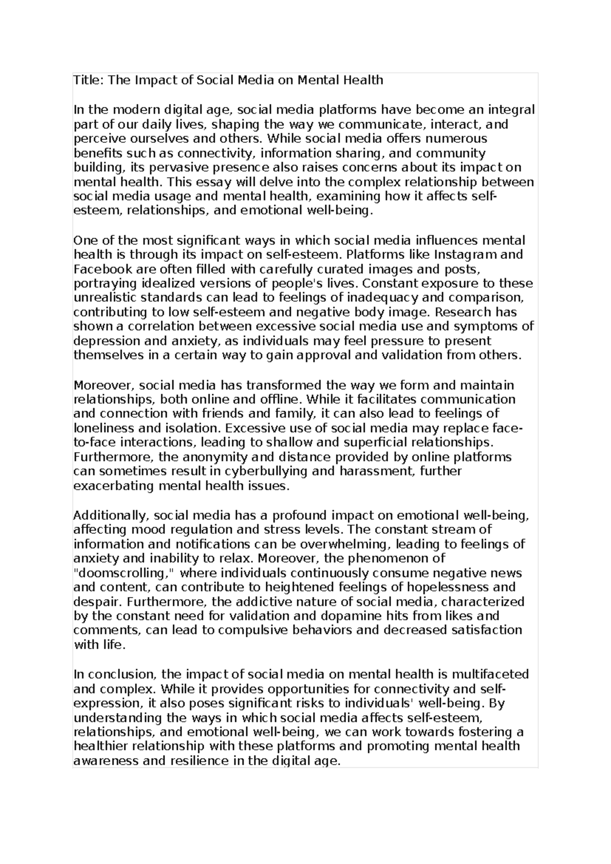 Ass. 1 social media and mental health - Title: The Impact of Social ...