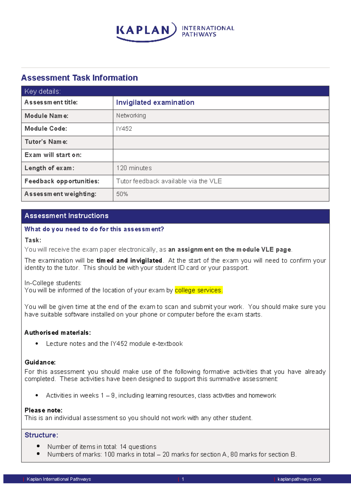 IY452 EOM Exam ATI - an ATI - Assessment Task Information Key details ...