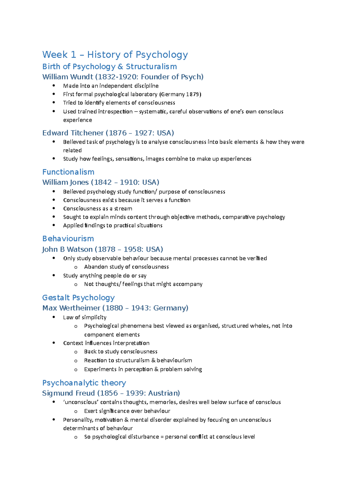 Lecture notes - Content regarding history of psychology, different ...