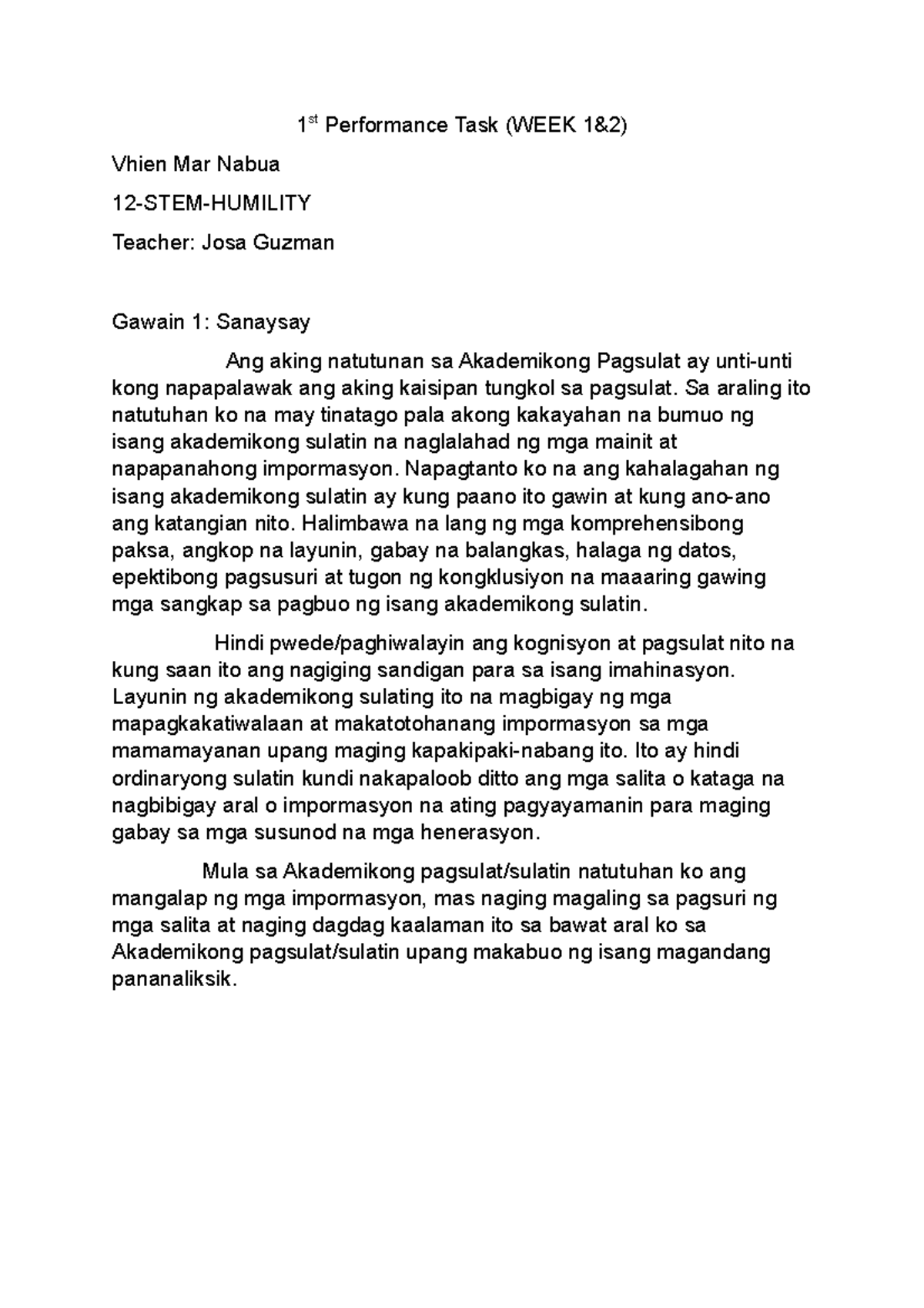 1st Performance Task - This docs is the answer for your questions. - 1 ...