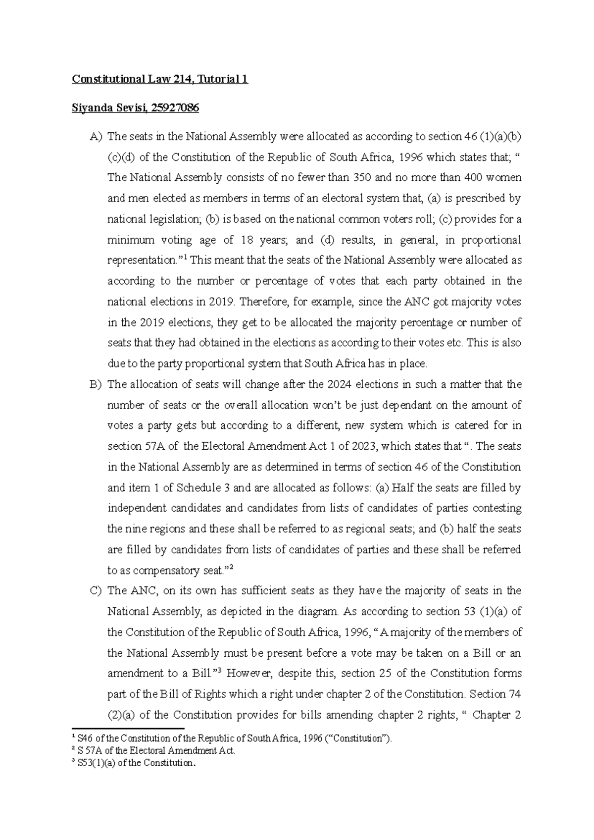 Con law Party Proportional System tutorial - Constitutional Law 214, Tutorial 1 Siyanda Sevisi ...