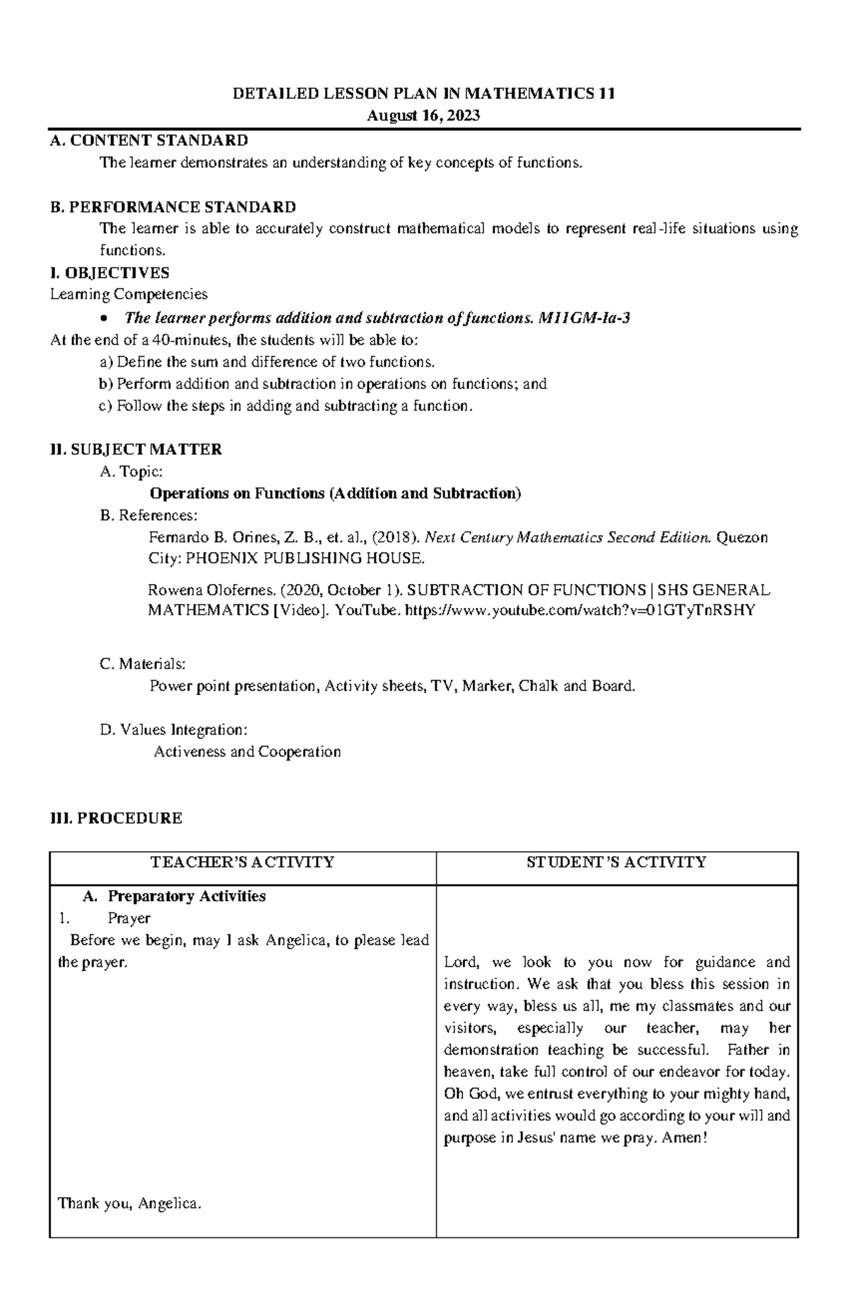 Detailed Lesson PLAN IN Mathematics 11 Operations on functions ...