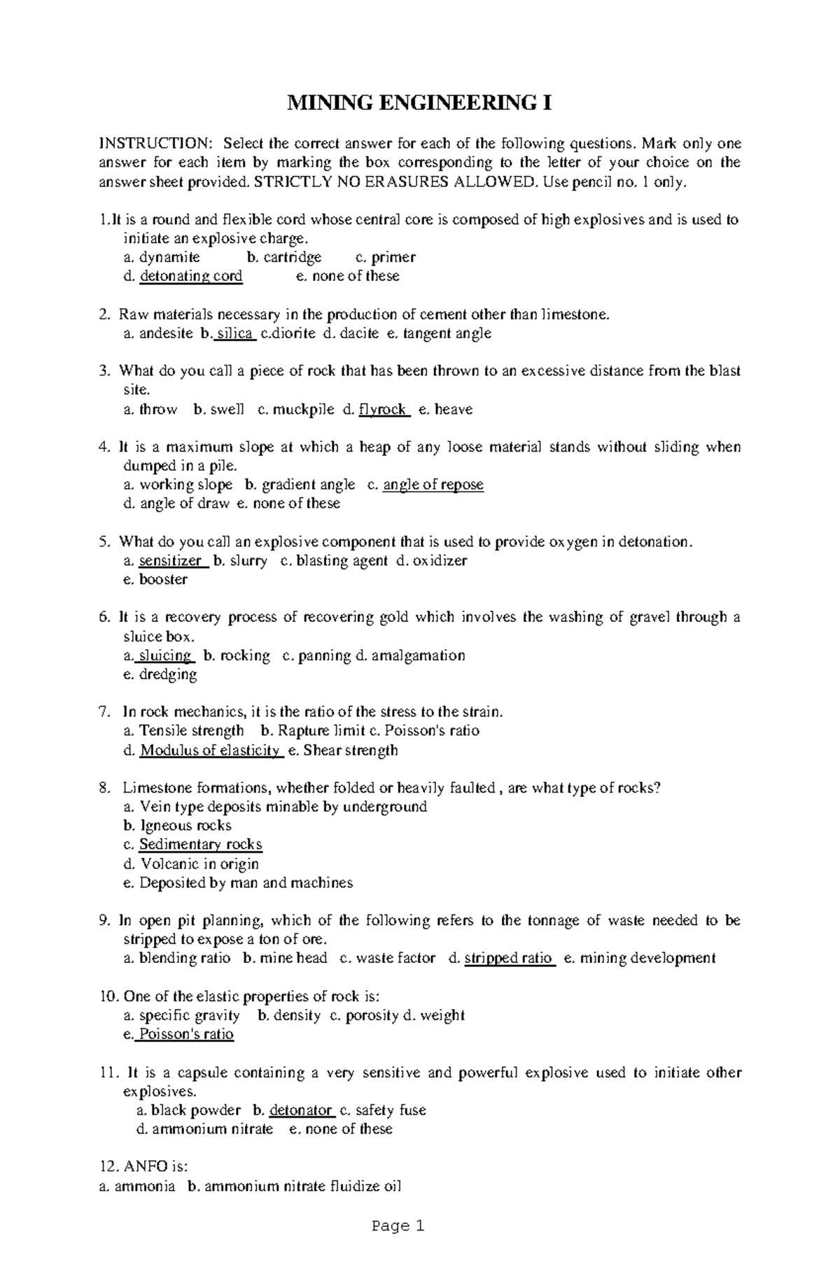 MELE pre-board 1 - Mining engineering licensure pre-board with answer key. - MINING ENGINEERING ...