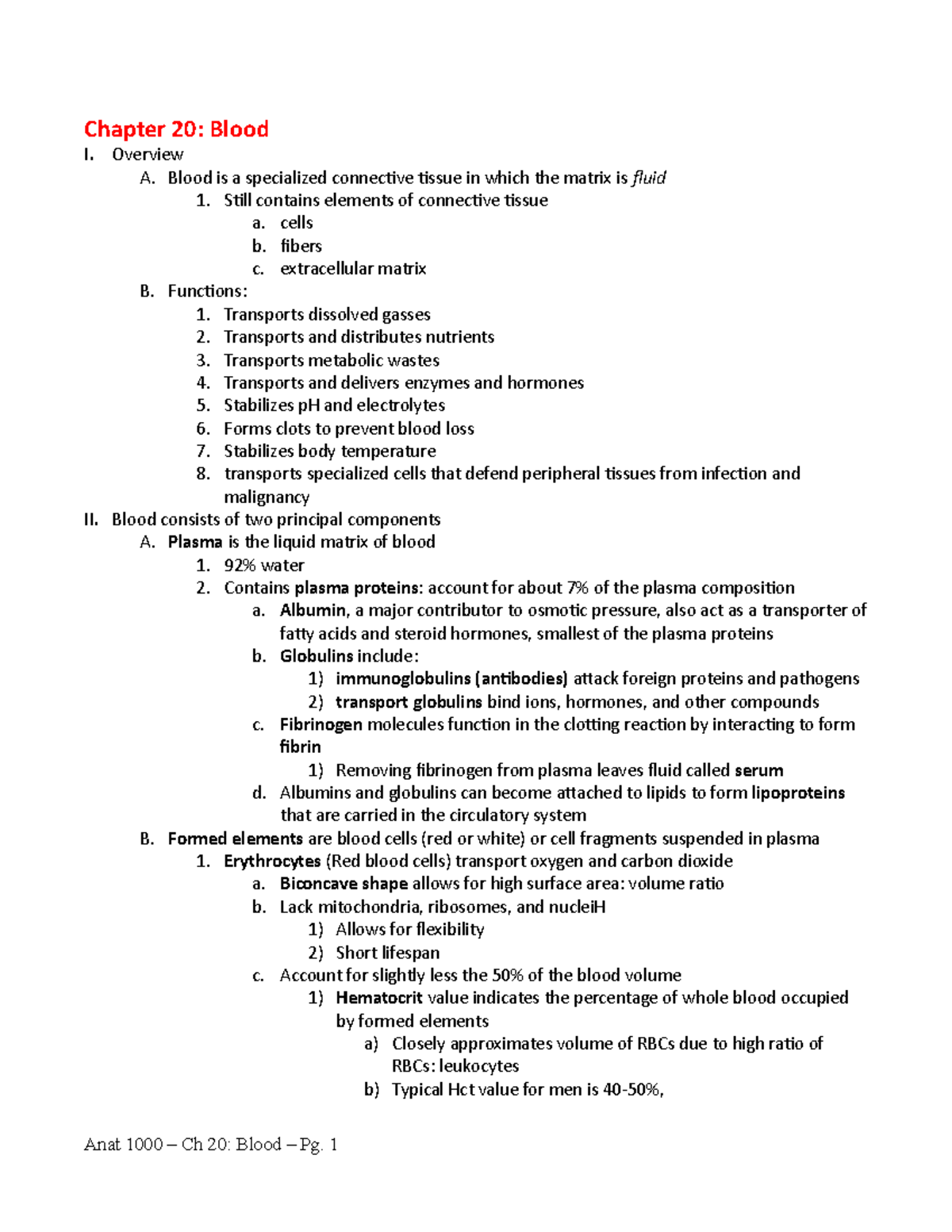 Ch. 20 outline - Lecture notes Ch. 20 - Chapter 20: Blood I. Overview A ...