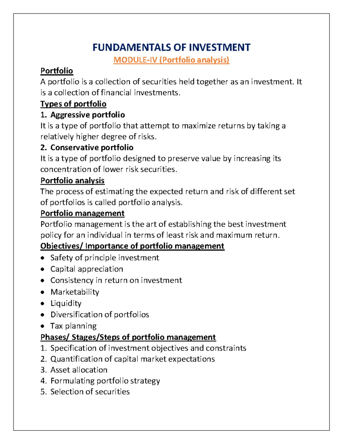 Fundamentals of investment- Module IV - FUNDAMENTALS OF INVESTMENT ...