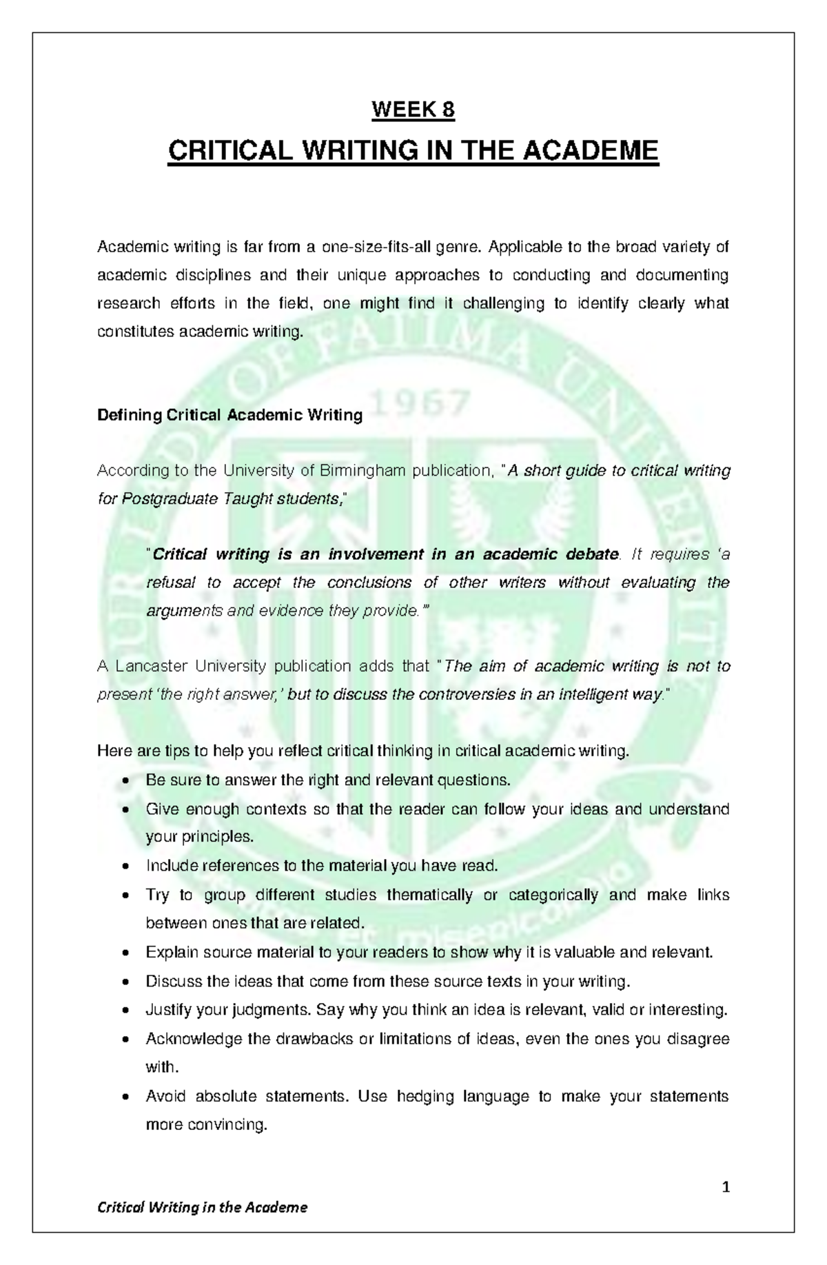 Week 8 - Critical Writing IN THE Academe-1 - 1 WEEK 8 CRITICAL WRITING ...