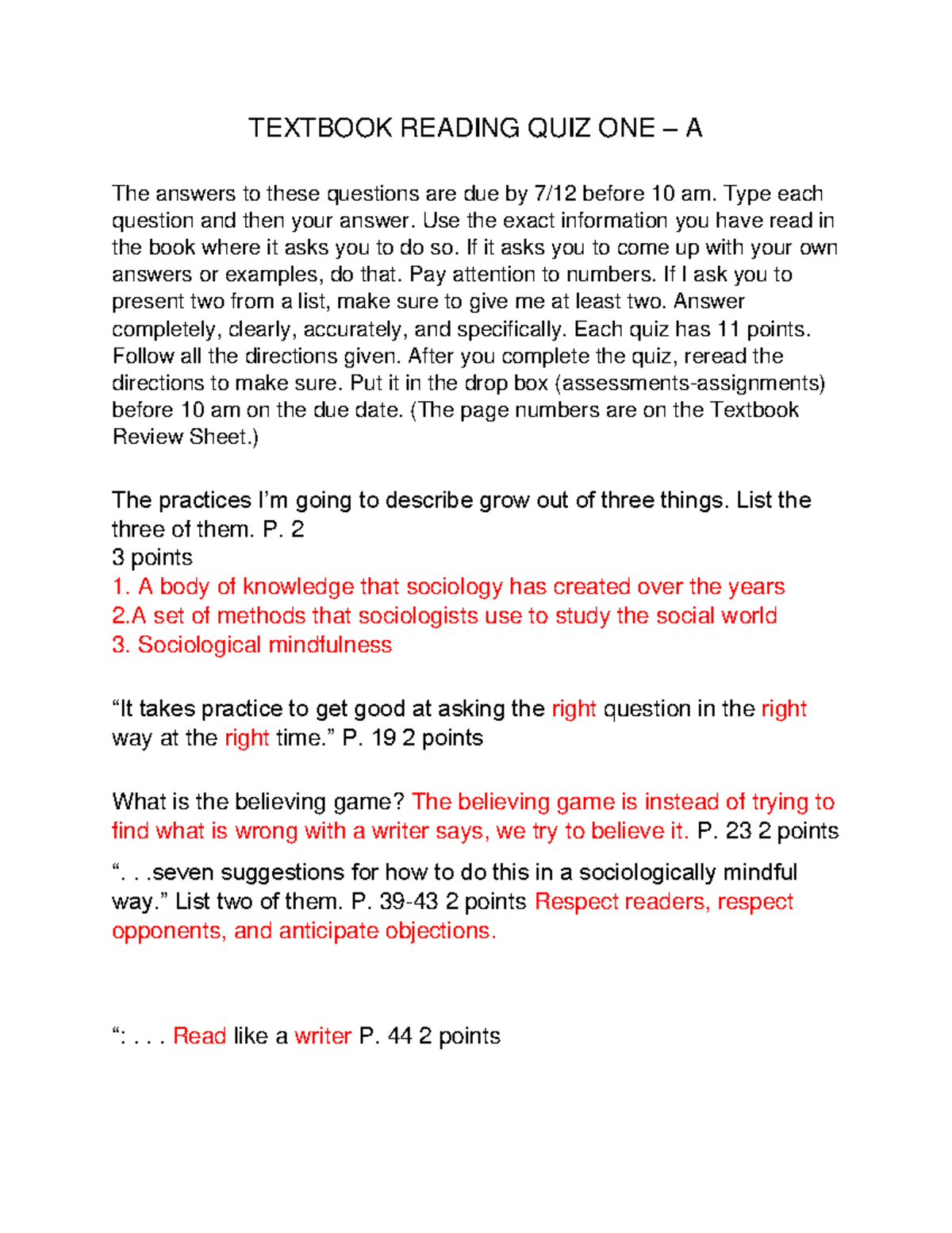 Textbook Reading QUIZ ONE - TEXTBOOK READING QUIZ ONE – A The answers ...