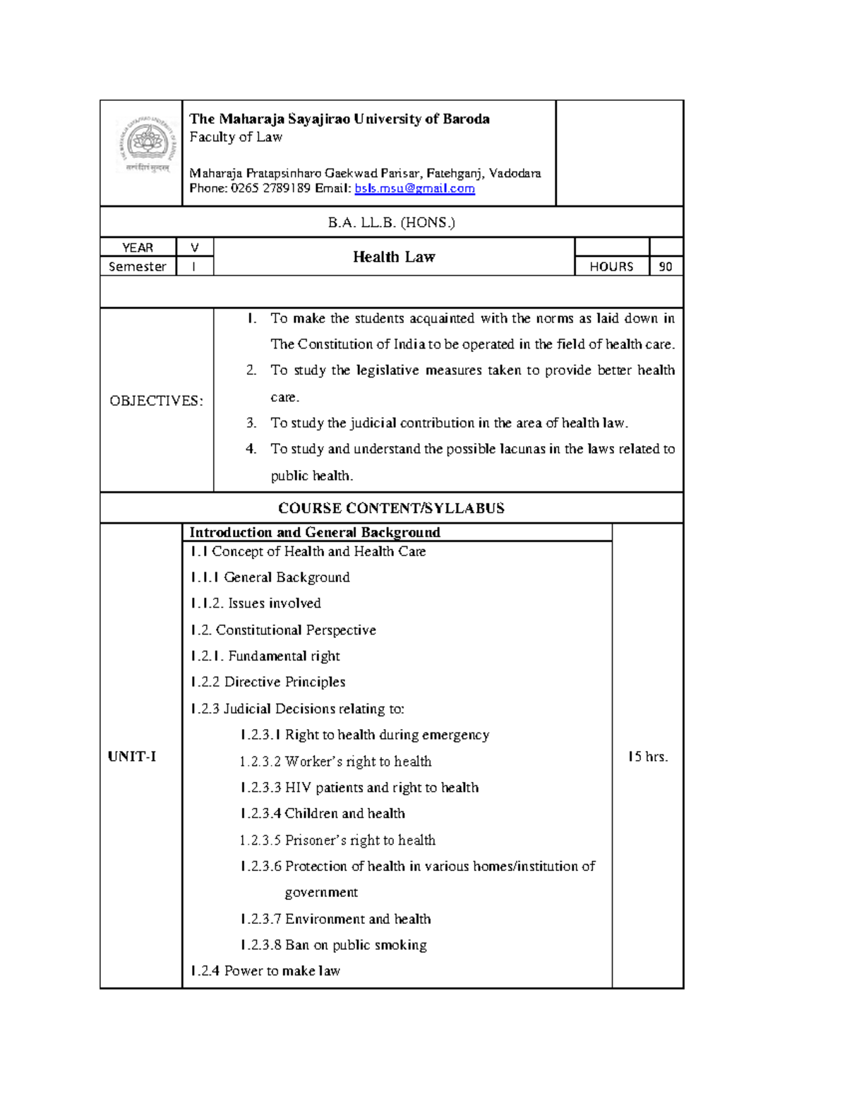 Health Law Syllabus - The Maharaja Sayajirao University of Baroda ...