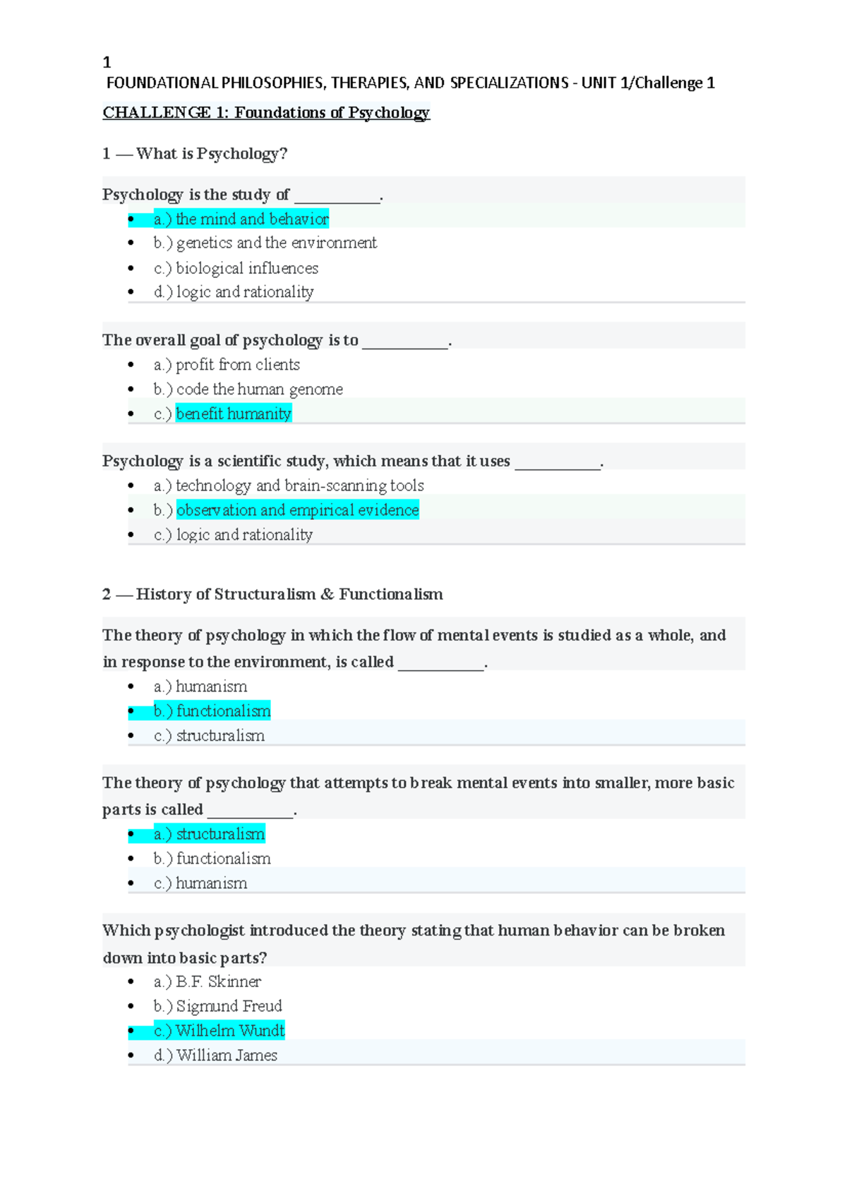 Psychology Unit1-Ch1 - practice - CHALLENGE 1: Foundations of ...