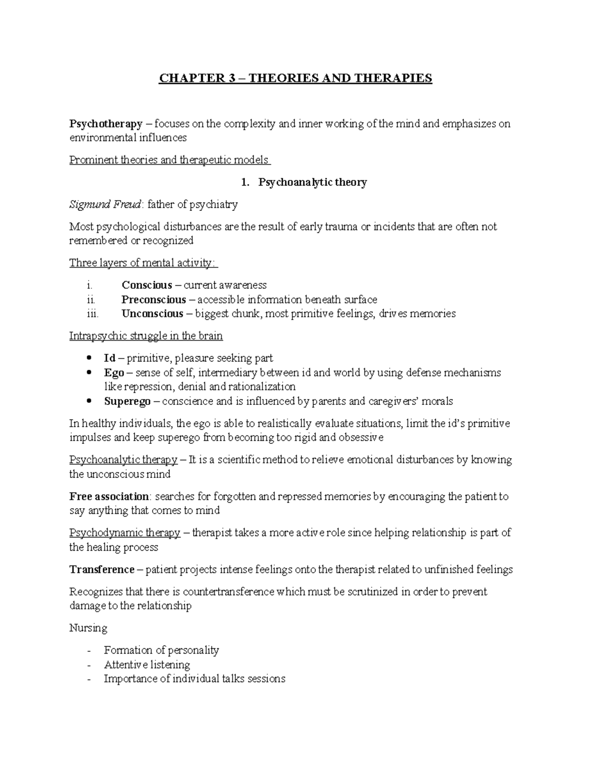 Chapter 3 - summary - CHAPTER 3 – THEORIES AND THERAPIES Psychotherapy ...