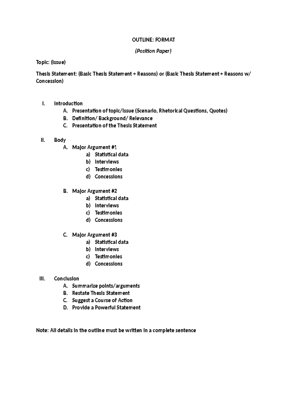 L1Outline(Position Paper) - OUTLINE: FORMAT (Position Paper) Topic ...
