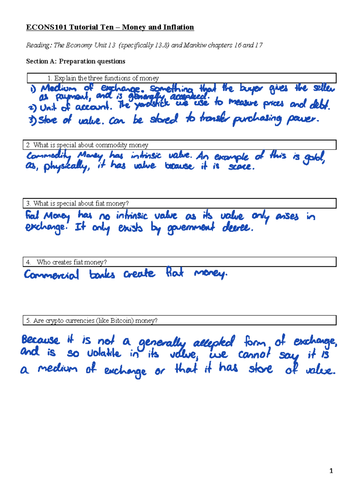 Week 13 - ECO Tutorial - ECONS101 Tutorial Ten – Money and Inflation ...