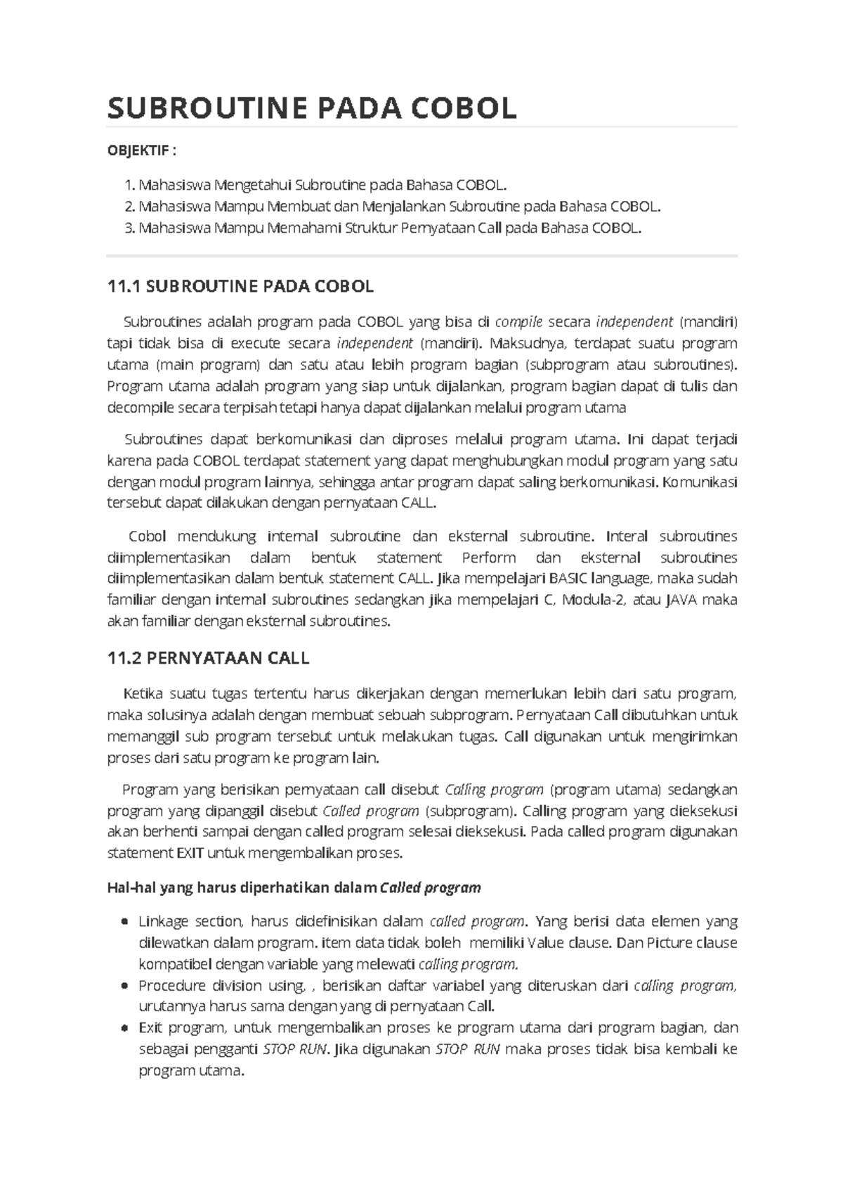 11. Subroutine pada Cobol - SUBROUTINE PADA COBOL OBJEKTIF : Mahasiswa Mengetahui Subroutine ...