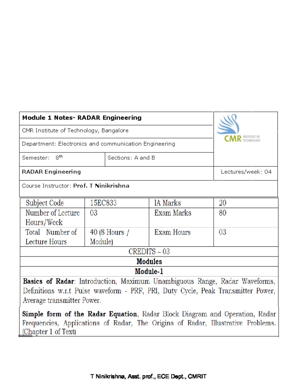 Module 1 Notes-Basics of Radar and simple Radar Equation - Radar ...