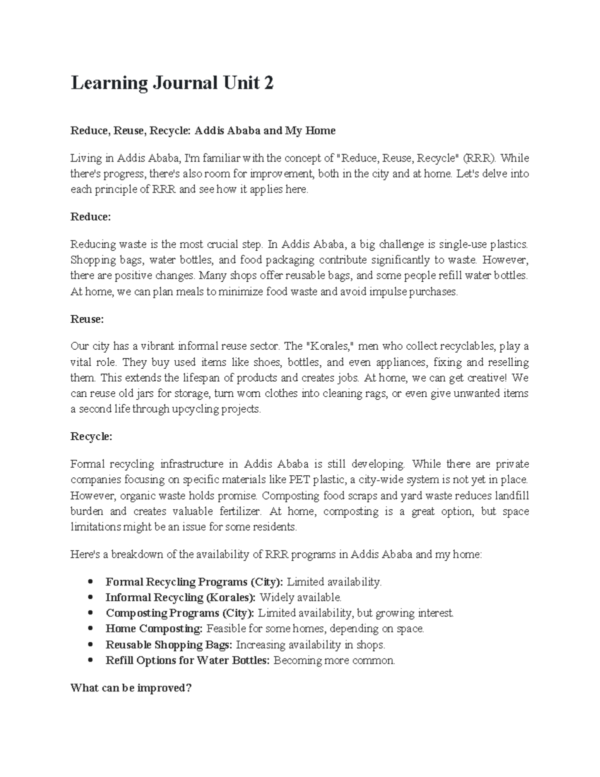 ENVS1301-Learning Journal Unit 2 - Learning Journal Unit 2 Reduce, Reuse, Recycle: Addis Ababa ...