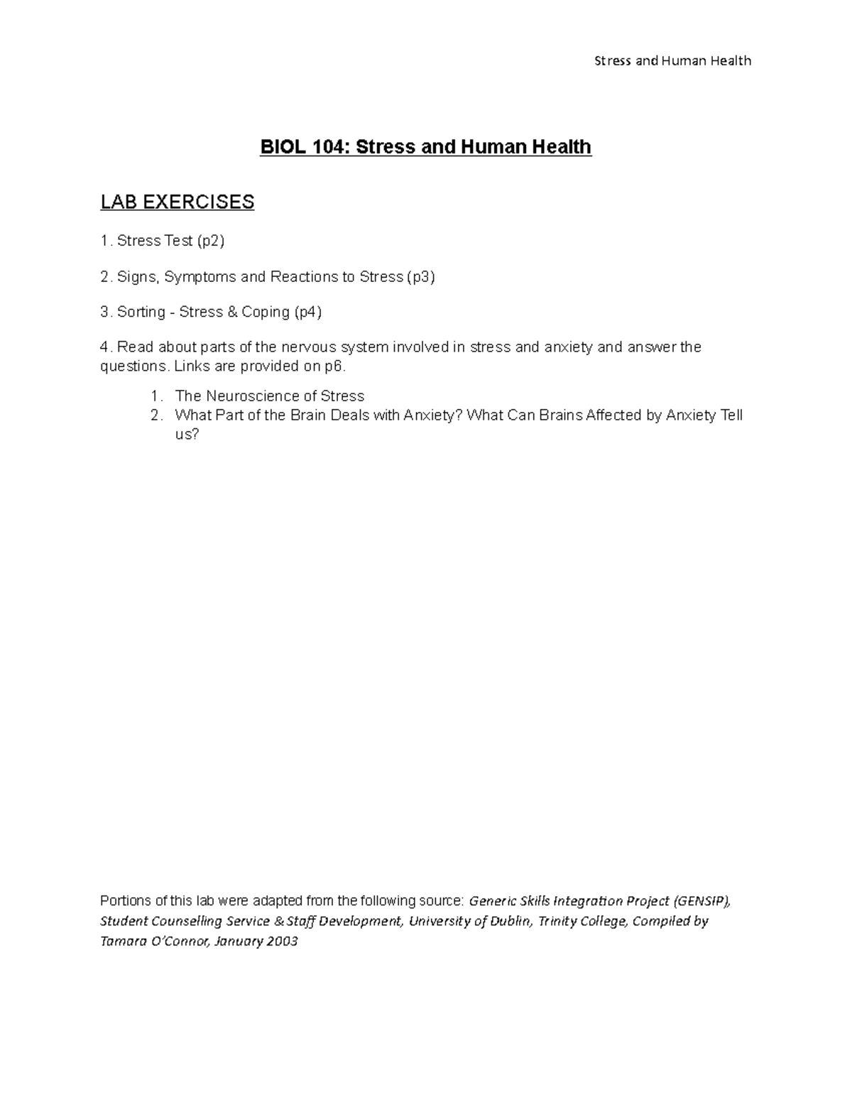 Lab 10 Stress and Human Health - BIOL 104: Stress and Human Health LAB ...