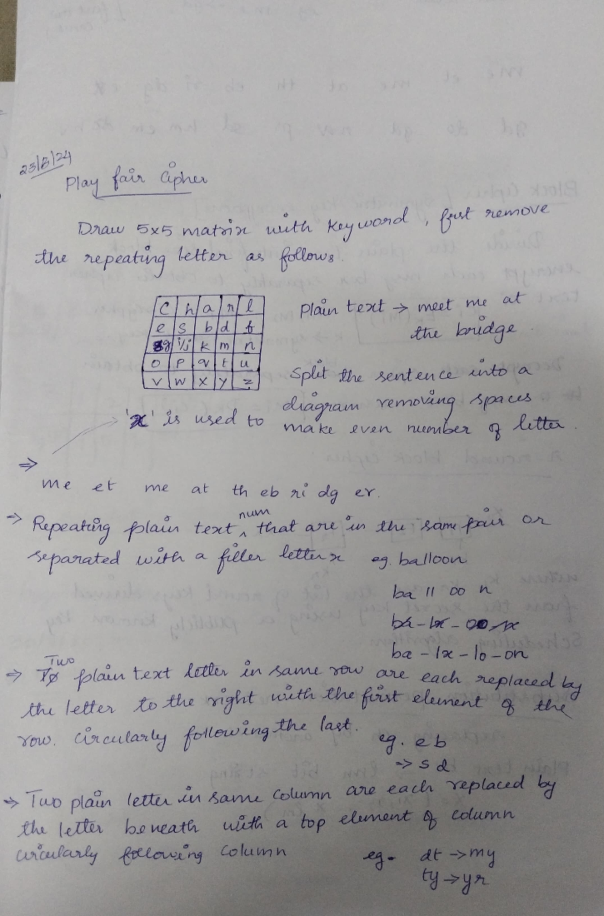 Cryptography notes - Play fair Cipher Draw 5x5 matrix with key word ...