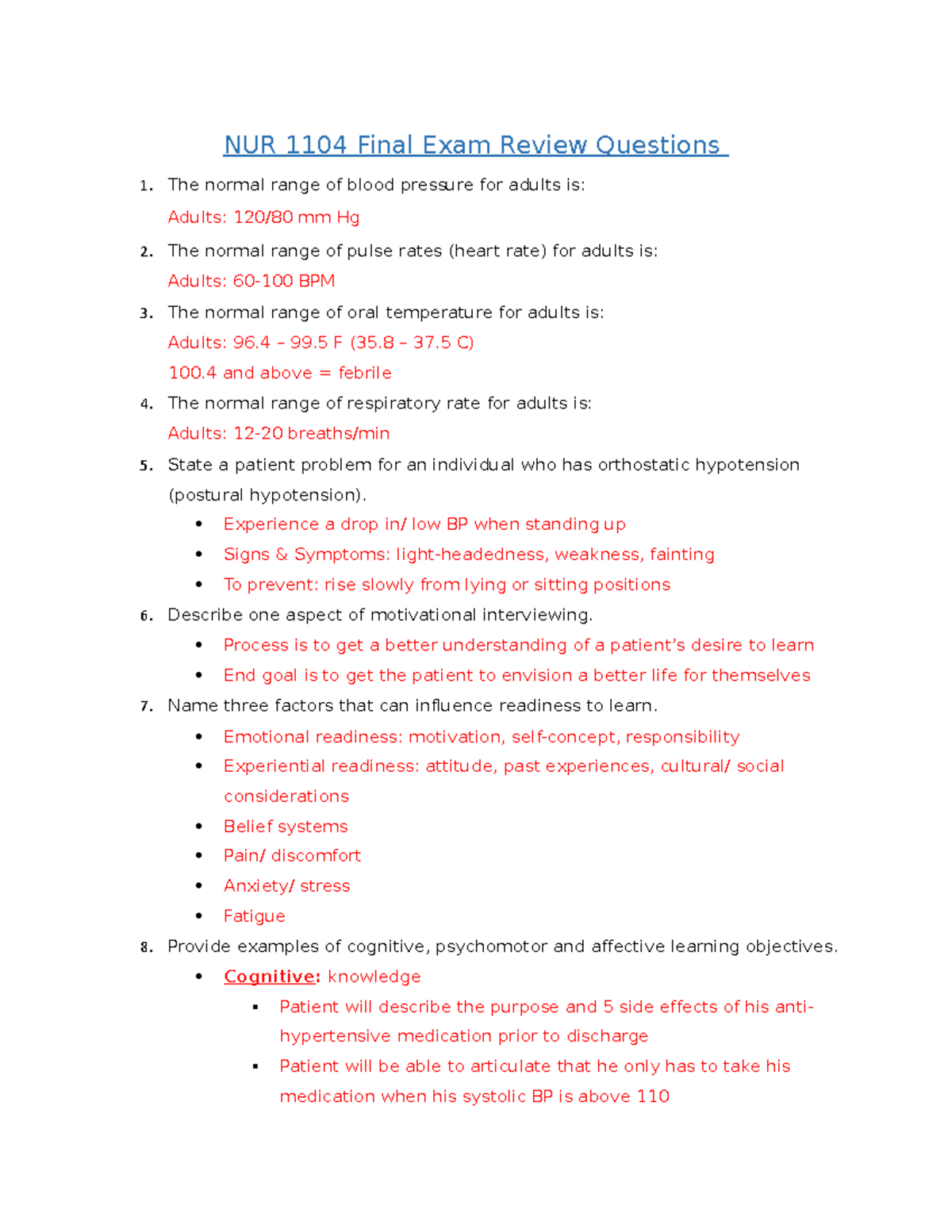 1 Final Exam Review Questions - NUR 1104 Final Exam Review Questions ...