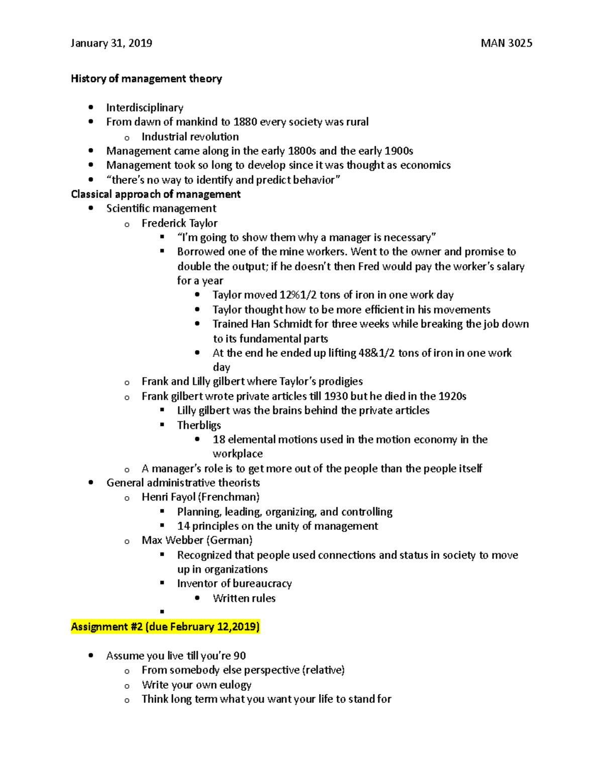 History of management theory (chapter 2) - January 31, 2019 MAN 3025 ...