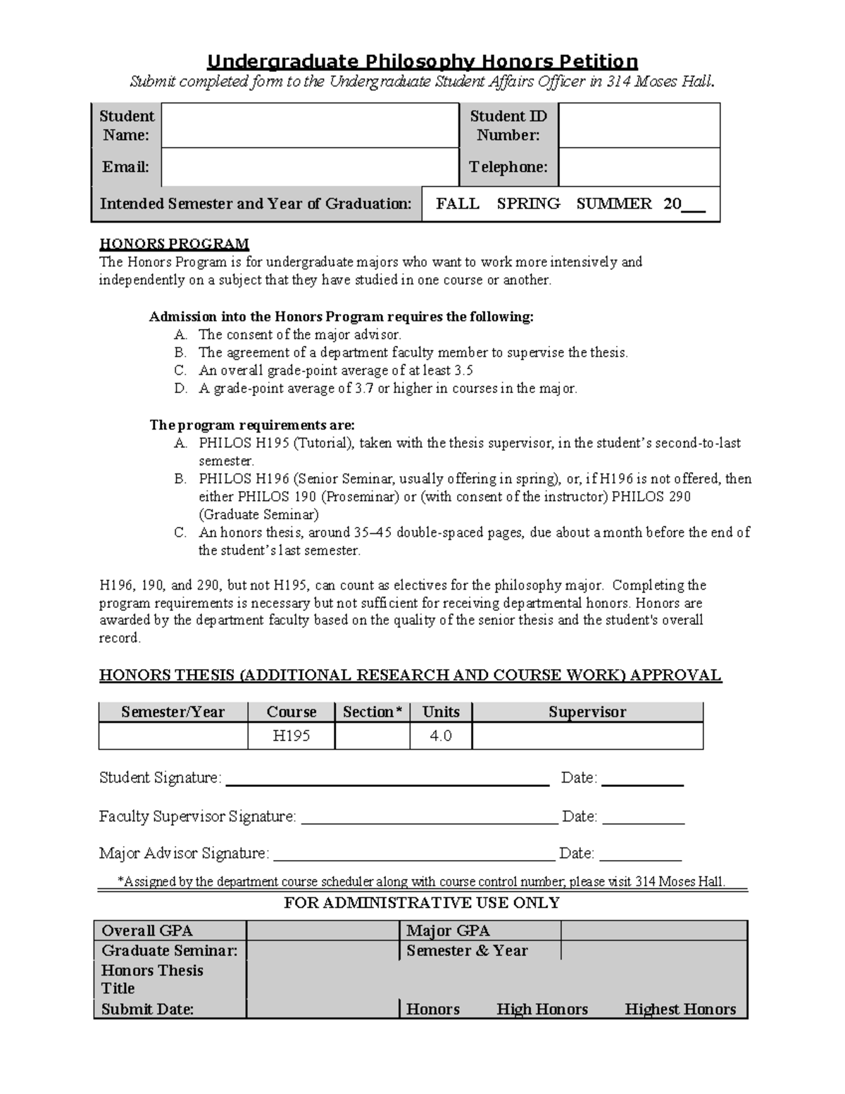 Phil Honors Petition - Overall GPA Major GPA Graduate Seminar: Semester ...