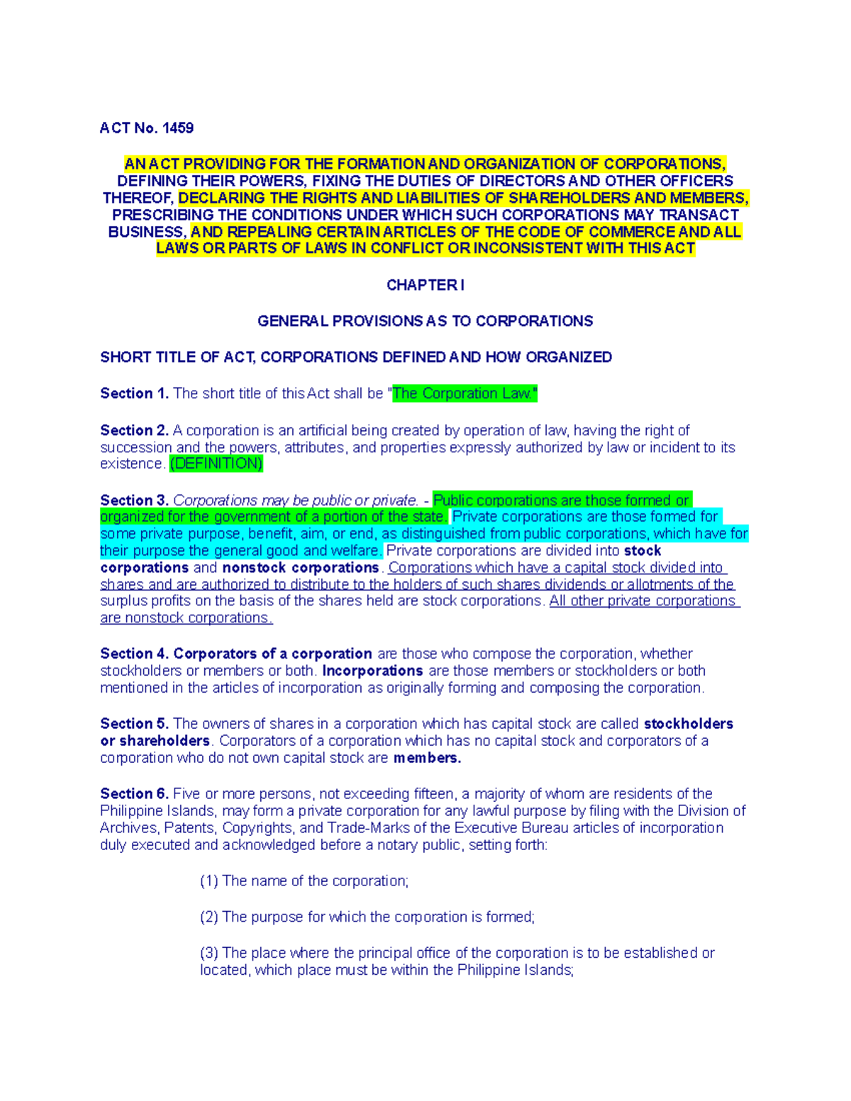 ACT No 1459 - TO DOWNLOAD - ACT No. 1459 AN ACT PROVIDING FOR THE FORMATION AND ORGANIZATION OF ...