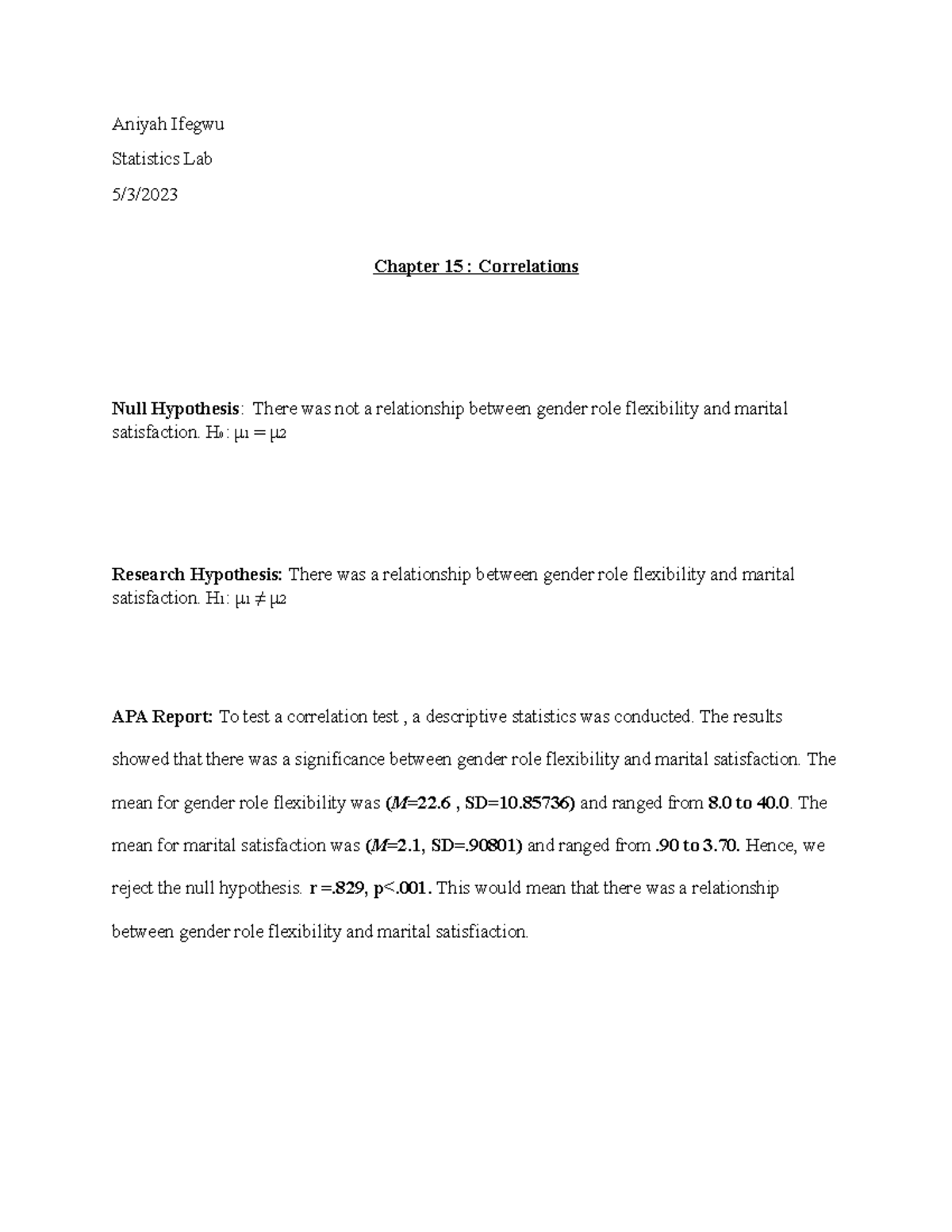CHP 15 Correlation - Aniyah Ifegwu Statistics Lab 5/3/ Chapter 15 ...