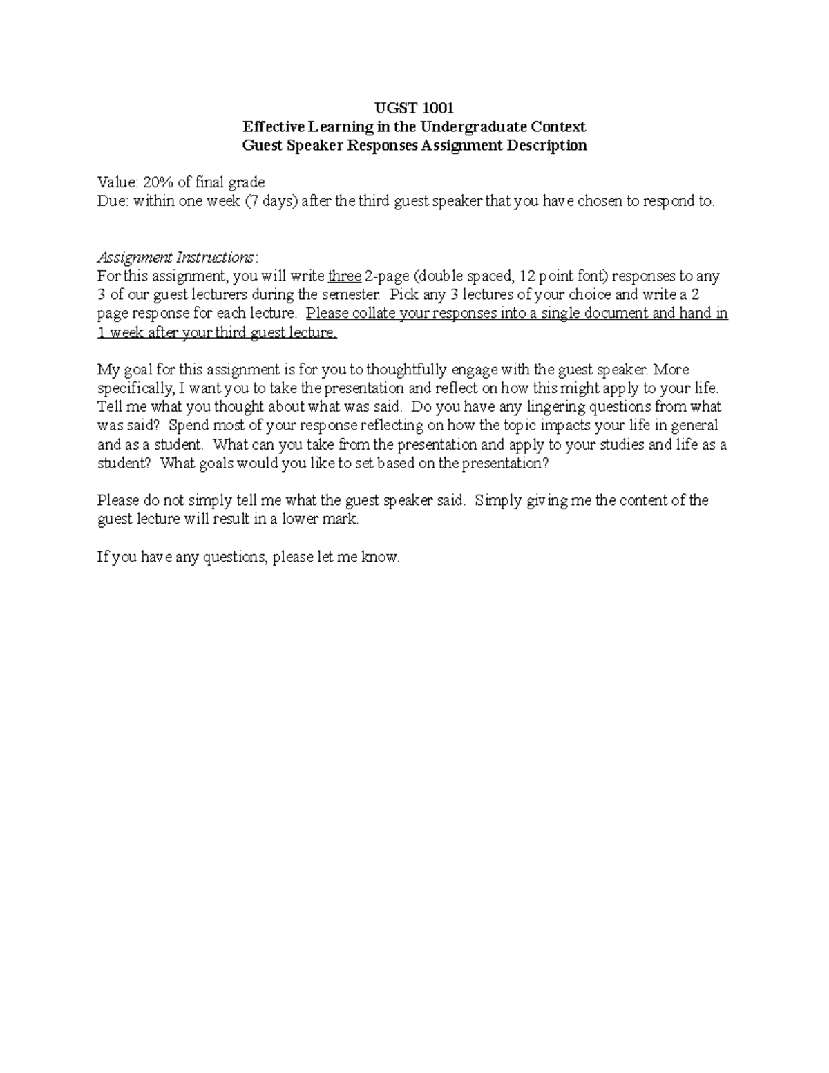 Guest Speaker Responses Assignment Instructions - UGST 1001 Effective ...