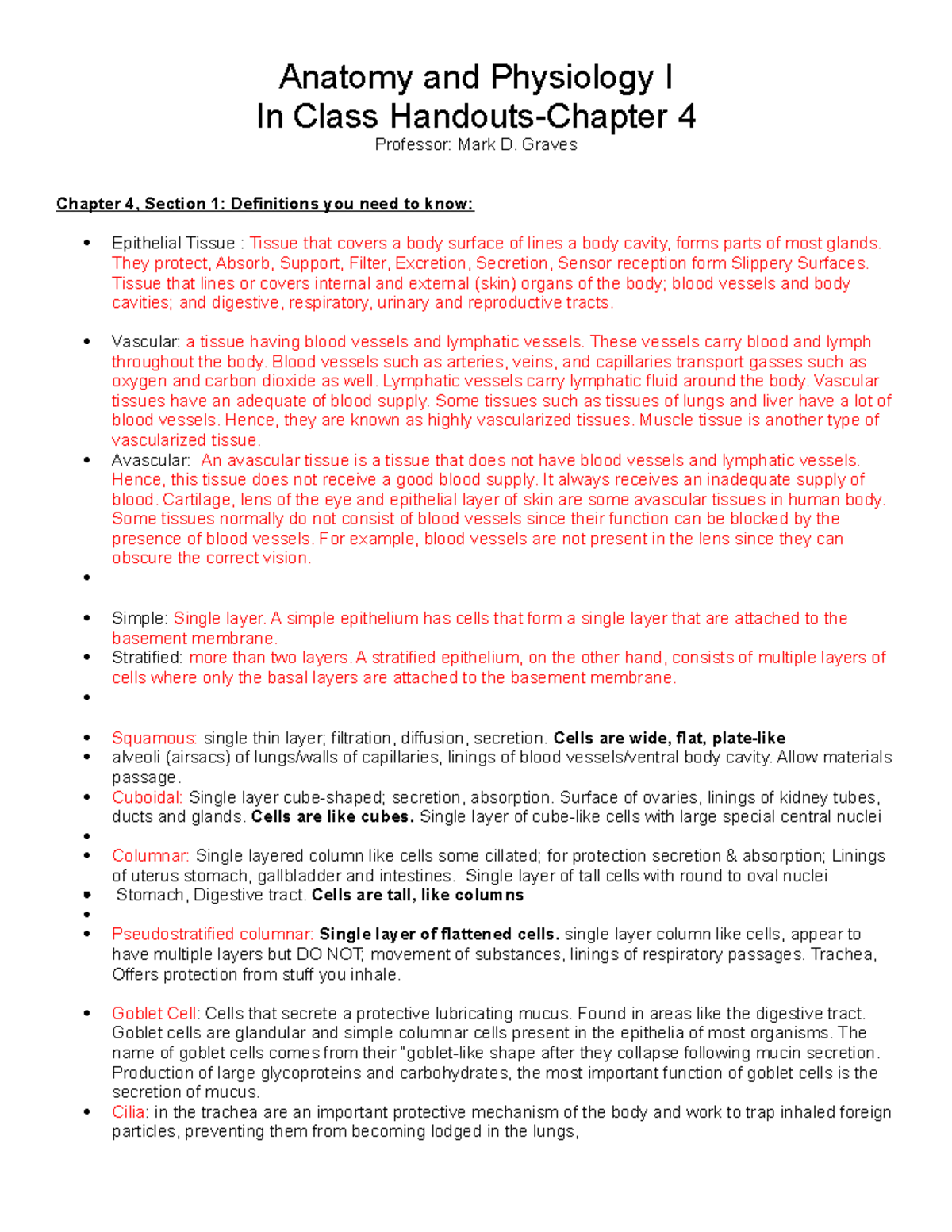A&PI Ch4 (Tissues) Handout - Anatomy and Physiology I In Class 4 ...