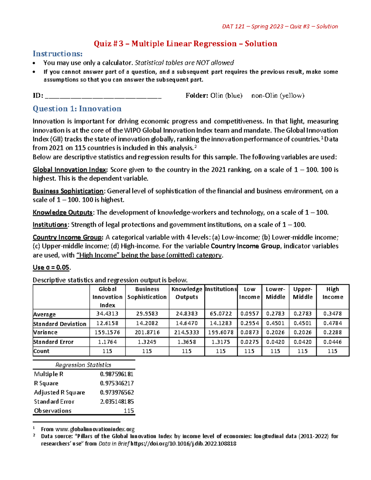 MLR Quiz Spring 2023 Solution - DAT 1 21 – Spring 2023 – Quiz #3 ...