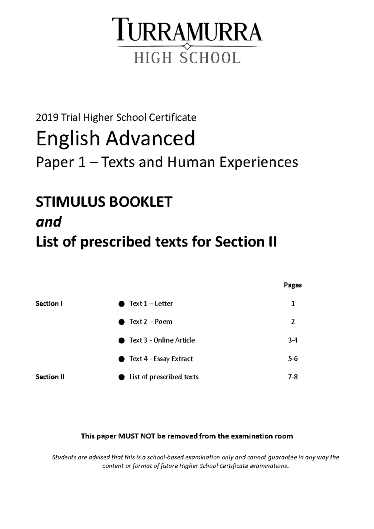 2019 Turramurra Paper 1 Stimulus Booklet - 2019 Trial Higher School ...