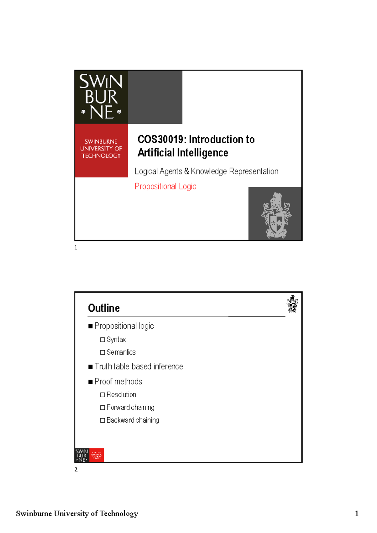 COS30019 Lecture 07 2spp - COS30019: Introduction to Artificial Intelligence Logical Agents ...