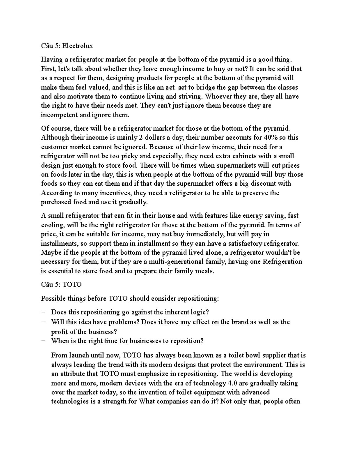 Electrolux - TOTO bài tập study case - marketing management - Đại học ...