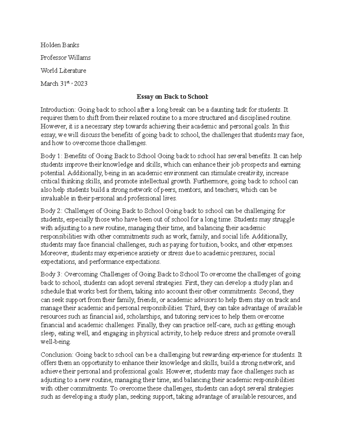 Essay on Back to School - Holden Banks Professor Willams World ...