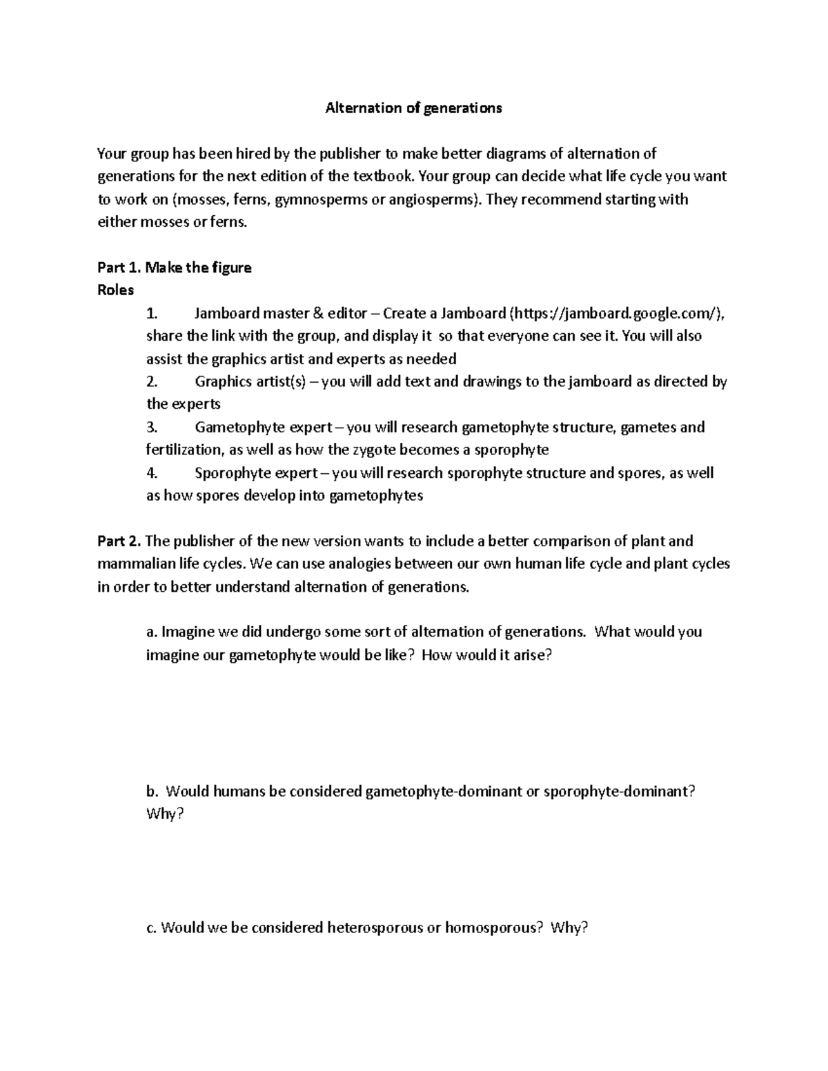 Bio Discussion Worksheet - Alternation of generations Your group has ...