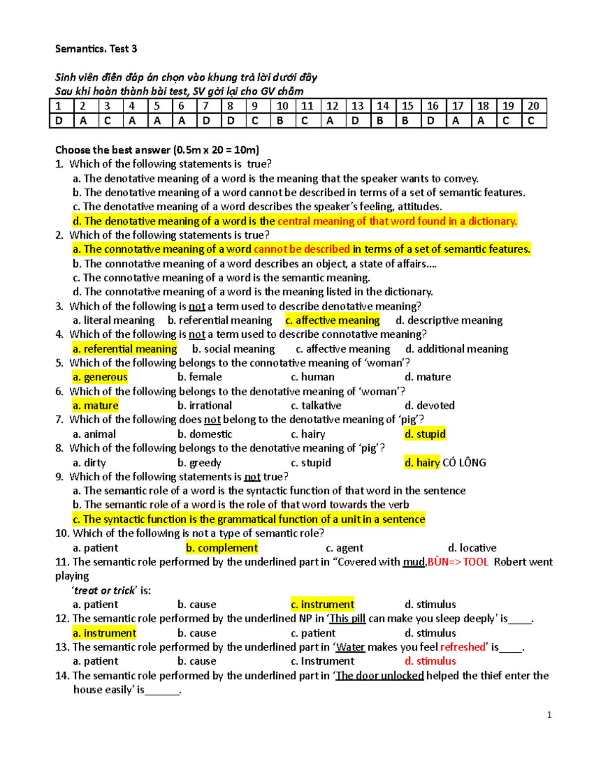 Semantics Test 3 - DSCSCDS - Semantics. Test 3 Sinh viên điêền đáp án ...