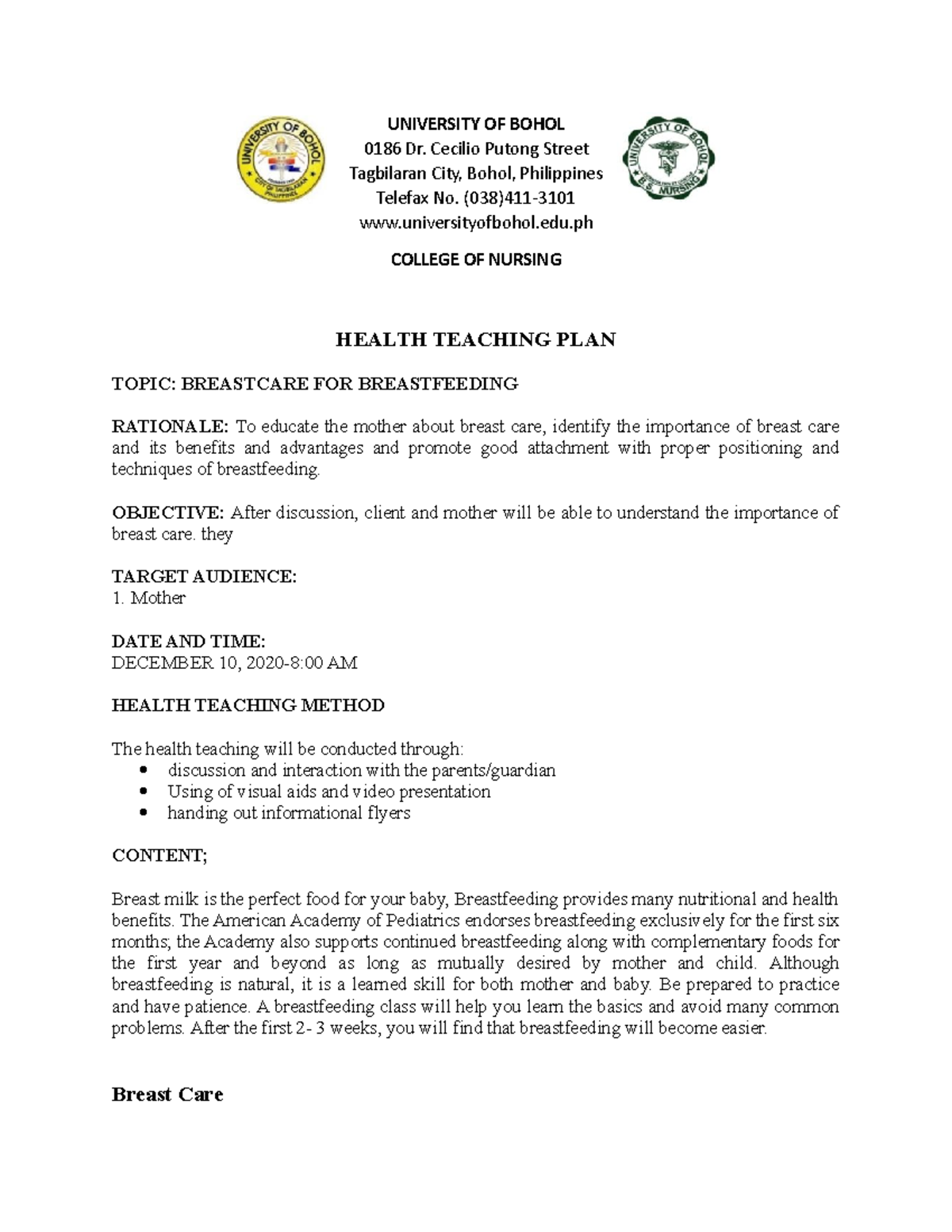 Health Teaching PLAN Bucod ROSE Marie O - UNIVERSITY OF BOHOL 0186 Dr ...