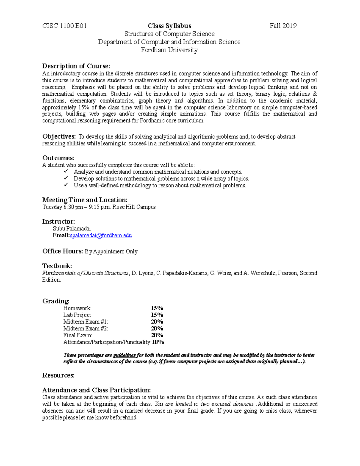 FALL 2019 CISC 1100 E01 Syllabus Palamadai - CISC 1100 E01 Class ...