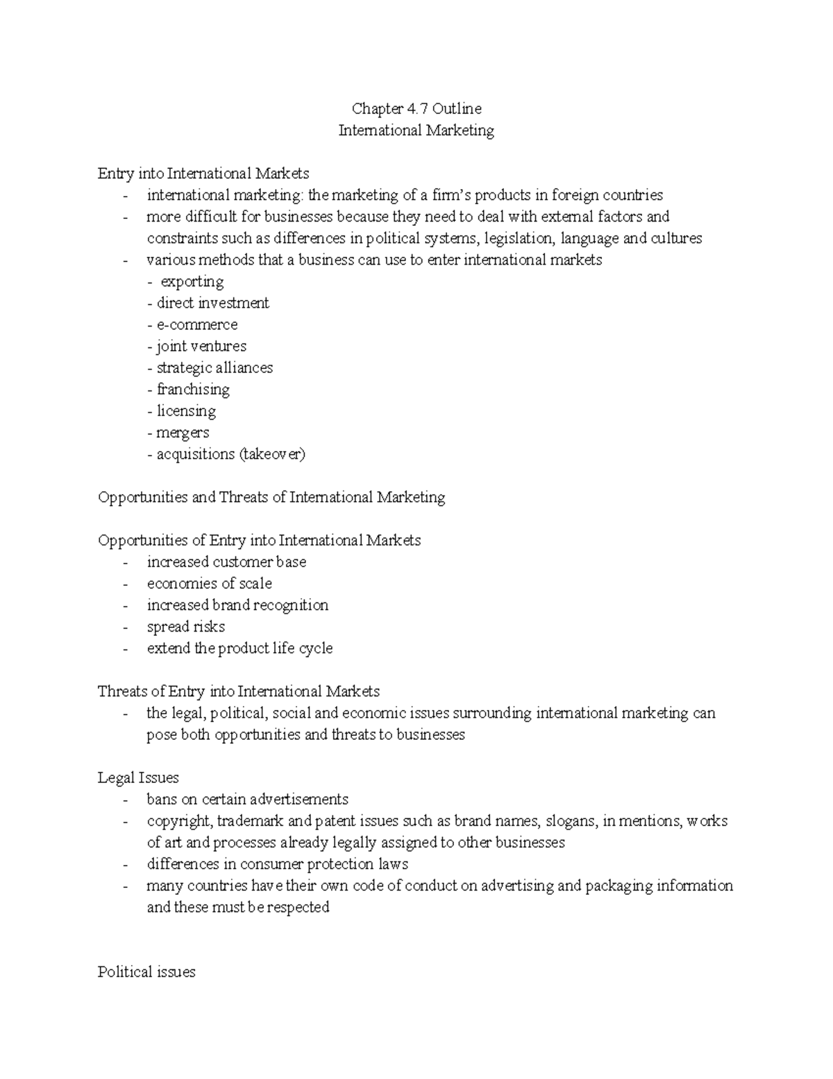 IB Business Managment Chapter 4 - Chapter 4 Outline International Marketing Entry into ...