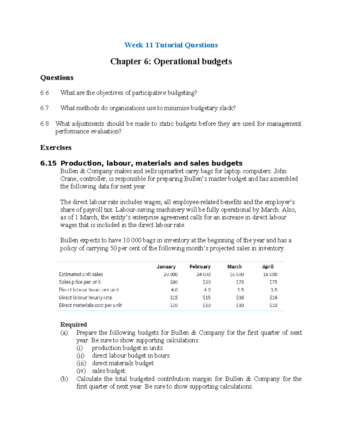 Week 11 Tutorial Questions - Week 11 Tutorial Questions Chapter 6: Operational budgets Questions ...