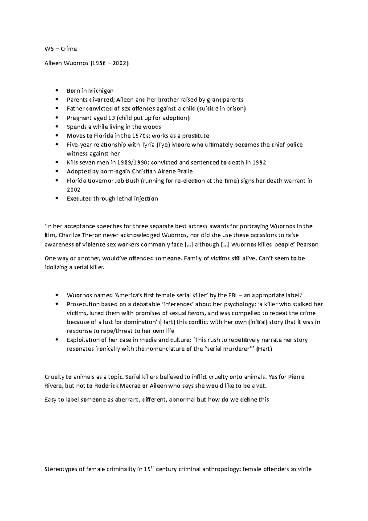 W5 - Aileen Wuornos - Lecture notes 1 - W5 – Crime Aileen Wuornos (1956 ...