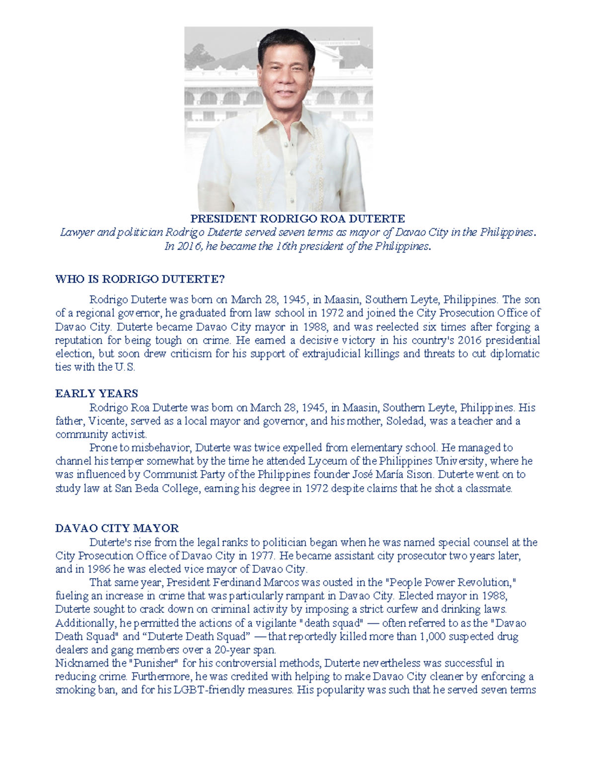 President Rodrigo ROA Duterte - PRESIDENT RODRIGO ROA DUTERTE Lawyer ...