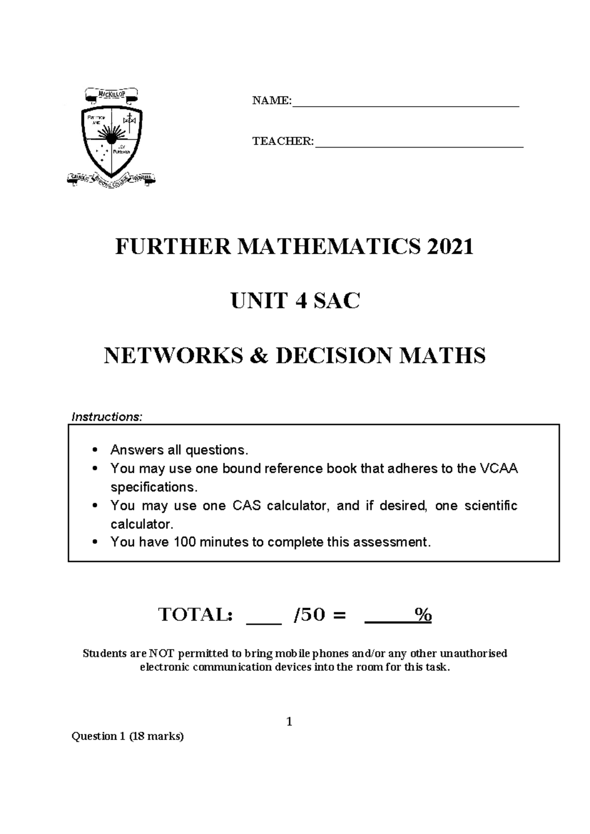 2021 Networks SAC - SAC - FURTHER MATHEMATICS 2021 UNIT 4 SAC NETWORKS ...