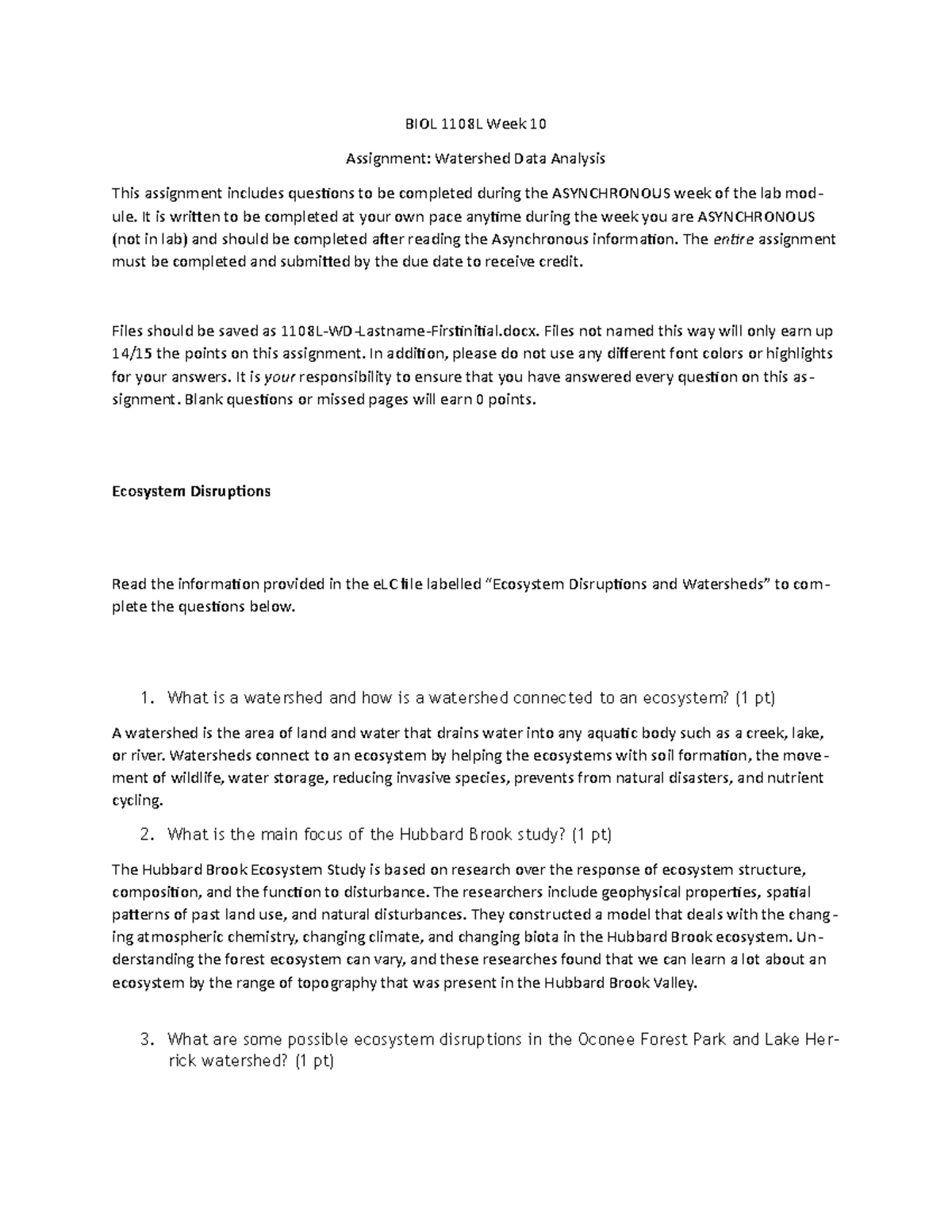 1108 WD Woods H - Lecture notes - BIOL 1108L Week 10 Assignment ...