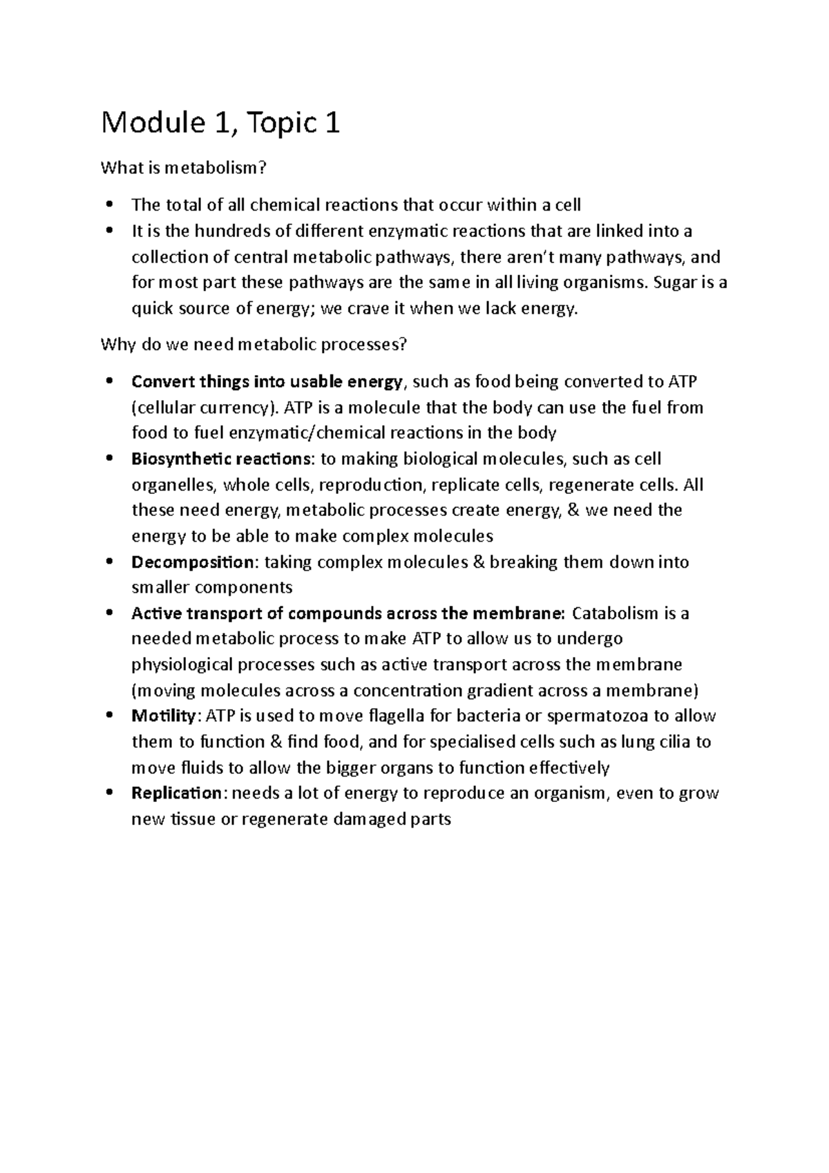 M1T1 - Module 1 Topic 1 - Module 1, Topic 1 What is metabolism? The ...