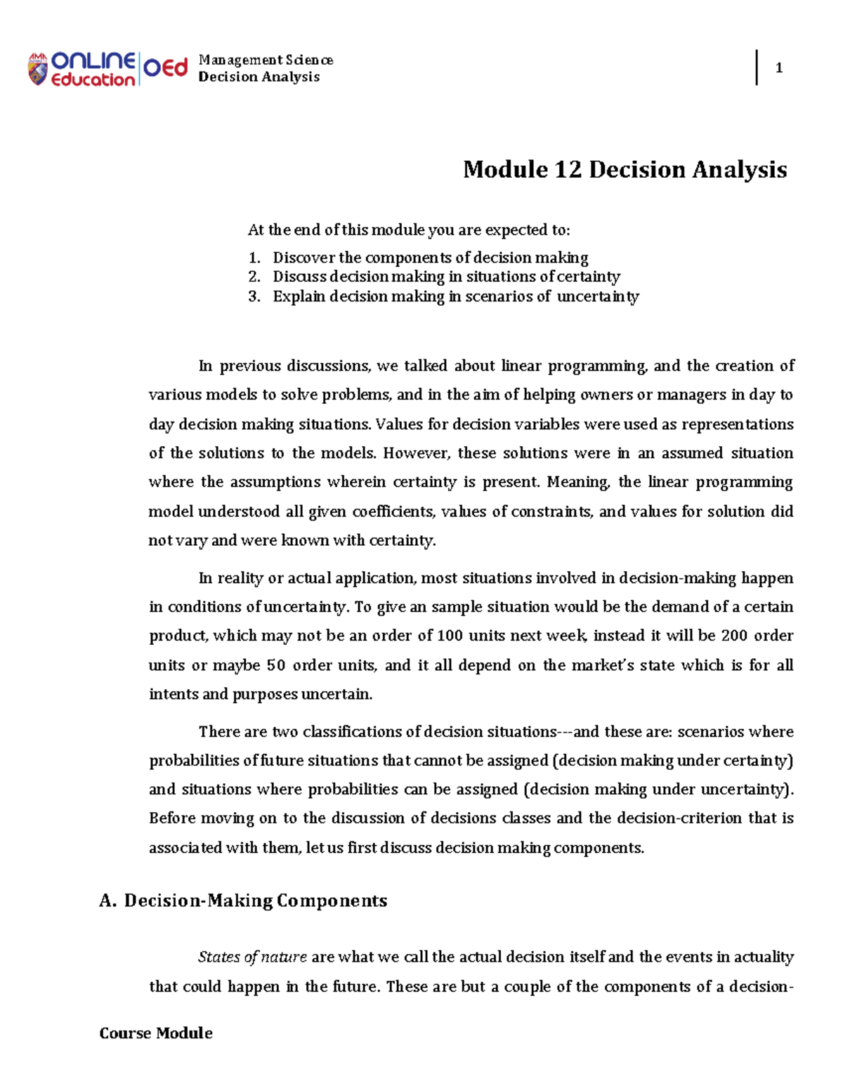 W13 Lesson 10 - Decision Analysis - Module - Decision Analysis 1 Course ...