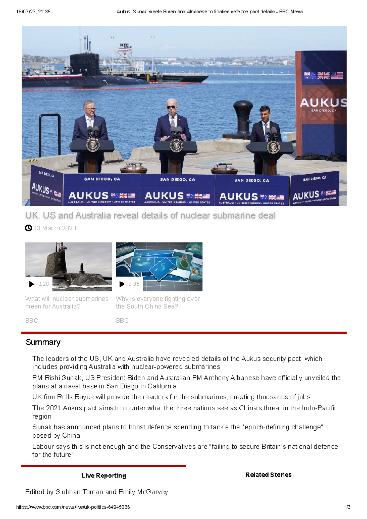 Reading 3 Aukus Sunak meets Biden and Albanese to finalise defence pact details - BBC News - Studocu