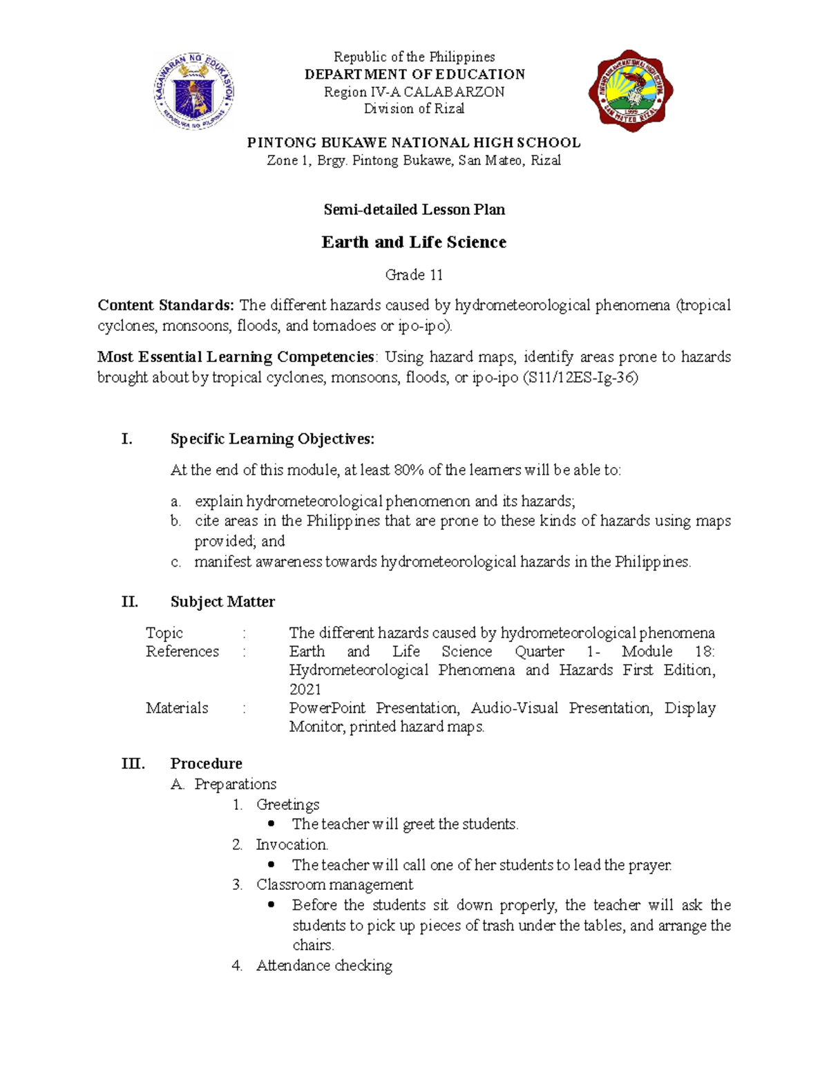 Semi-detailed lesson plan-Hydrometeorological - Republic of the ...