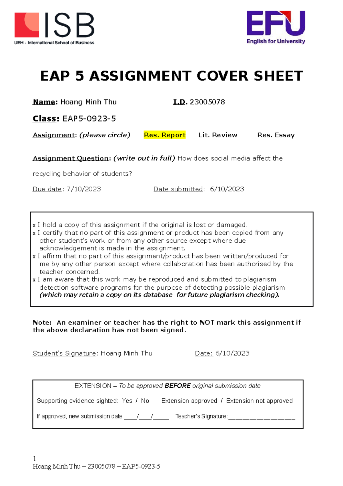 EAP5-0923-5- Research Report - EAP 5 ASSIGNMENT COVER SHEET Name: Hoang Minh Thu I. 23005078 ...