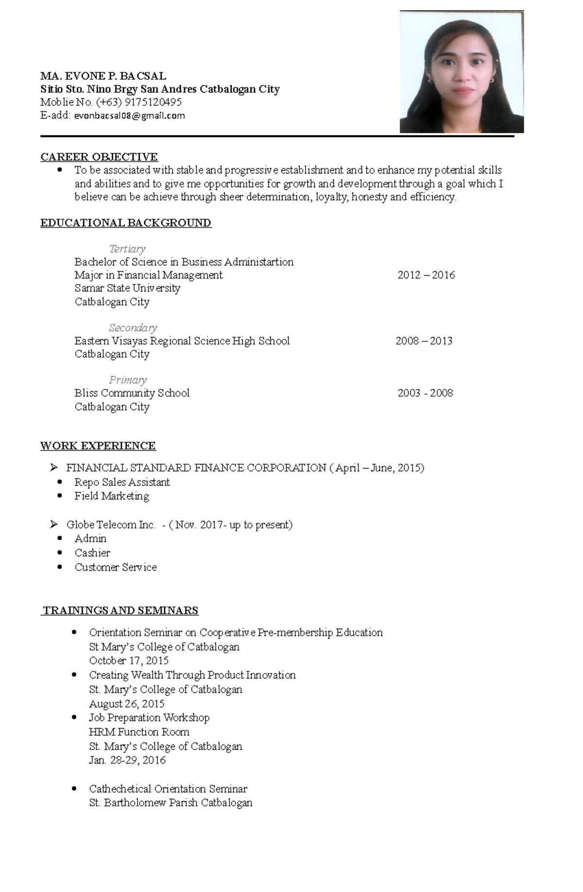 Resume Bacsal - GHFGHFGDHDF - MA. EVONE P. BACSAL Sitio Sto. Nino Brgy ...